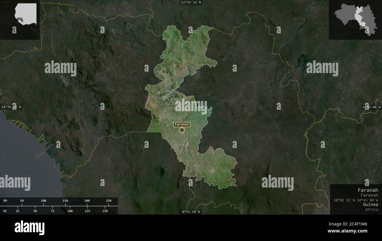 Faranah, region of Guinea. Satellite imagery. Shape presented against ...