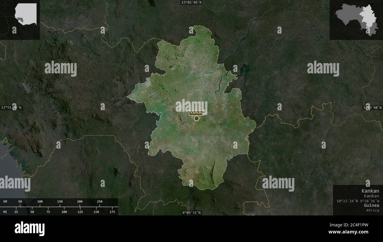 Kankan, region of Guinea. Satellite imagery. Shape presented against ...