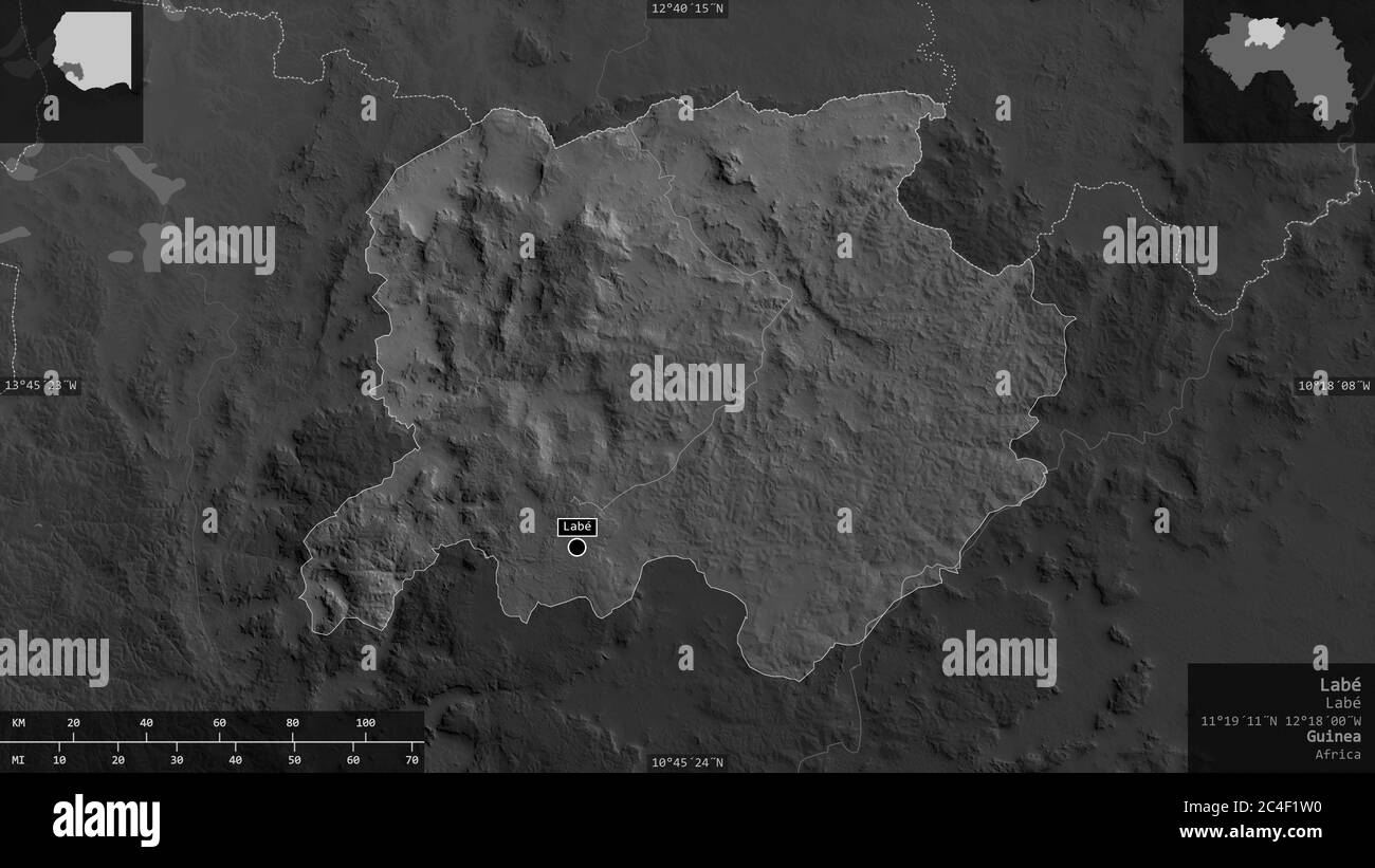 Labé, region of Guinea. Grayscaled map with lakes and rivers. Shape ...