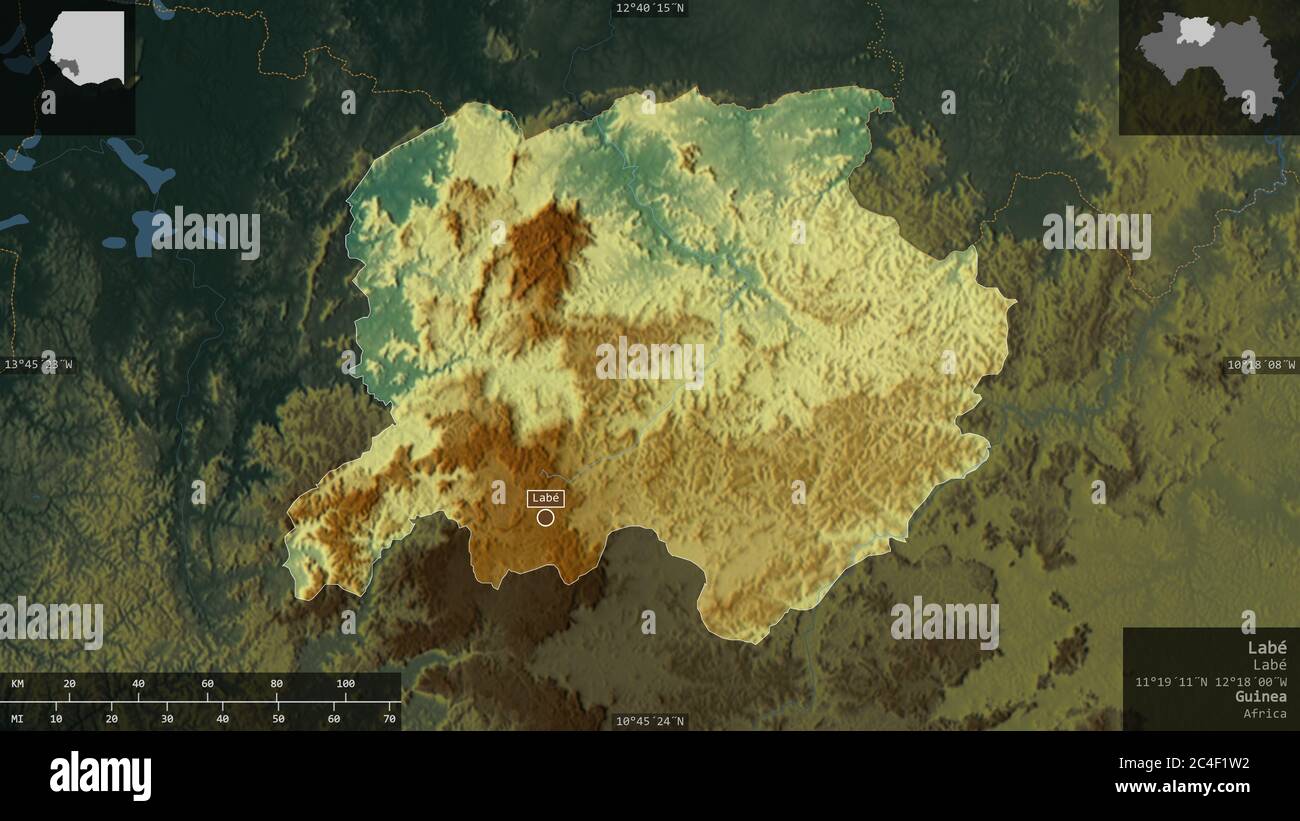 Labé, region of Guinea. Colored relief with lakes and rivers. Shape ...