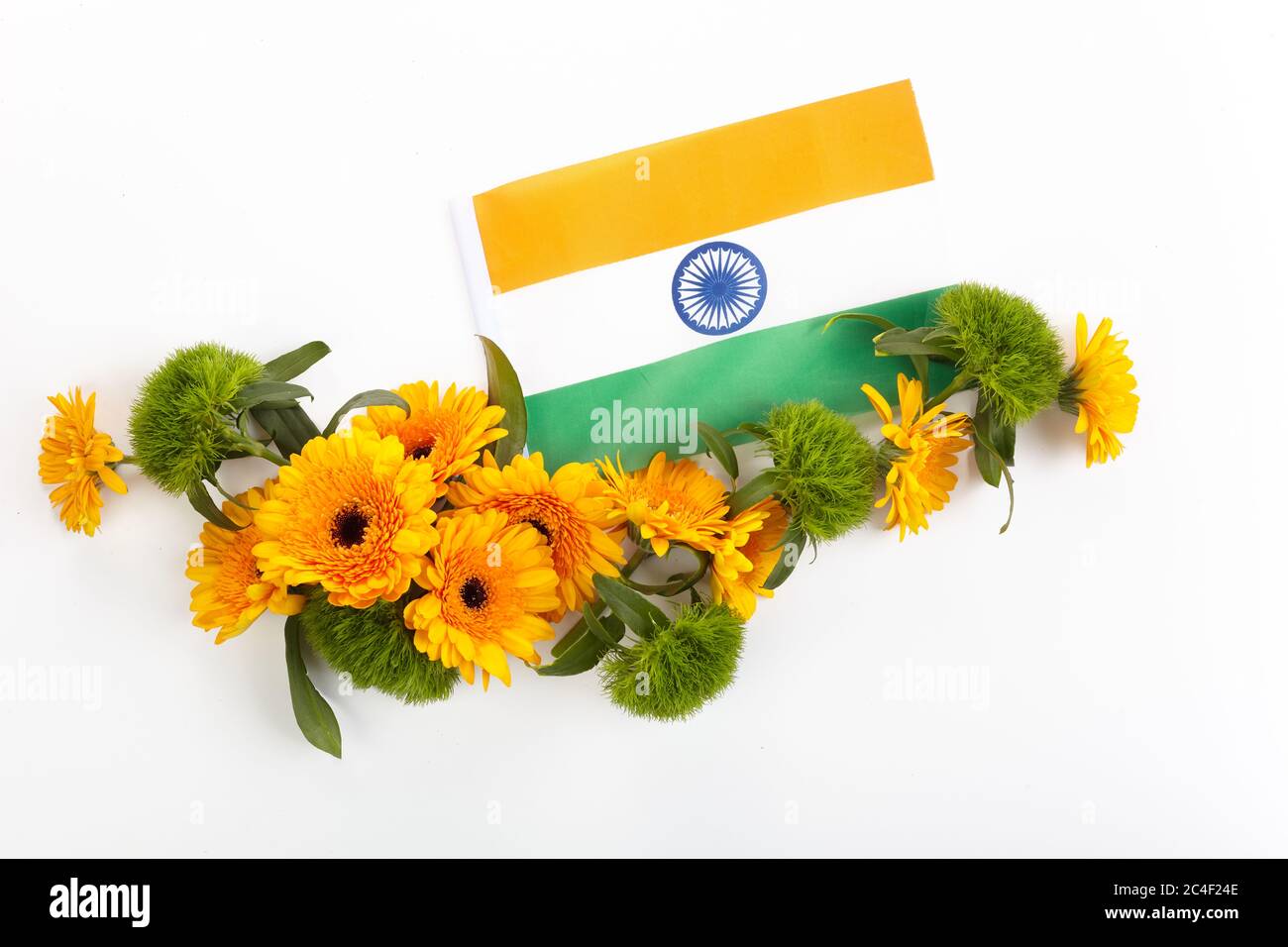 Abstract pattern with orange and green flowers frame on white ...