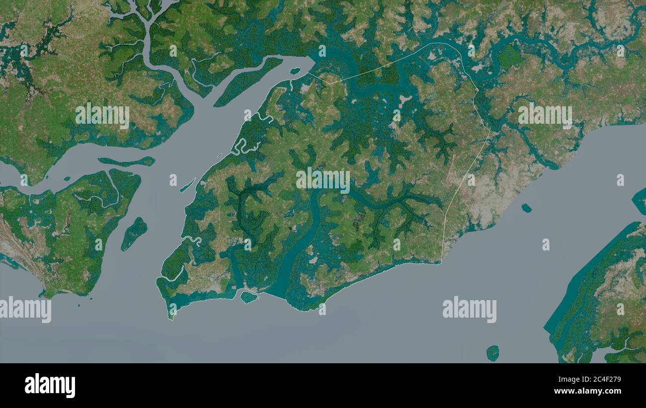 Biombo, region of Guinea-Bissau. Satellite imagery. Shape outlined ...