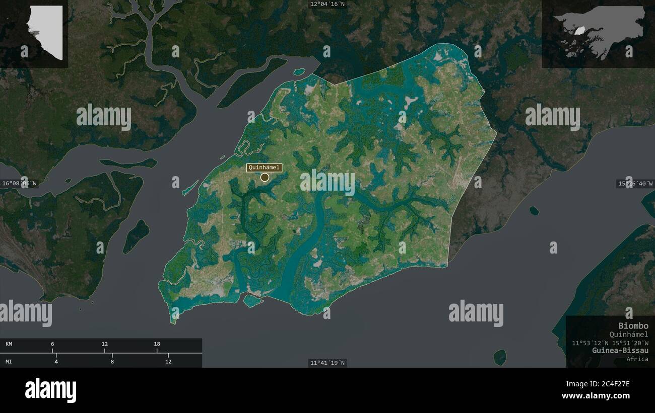 Biombo, region of Guinea-Bissau. Satellite imagery. Shape presented ...