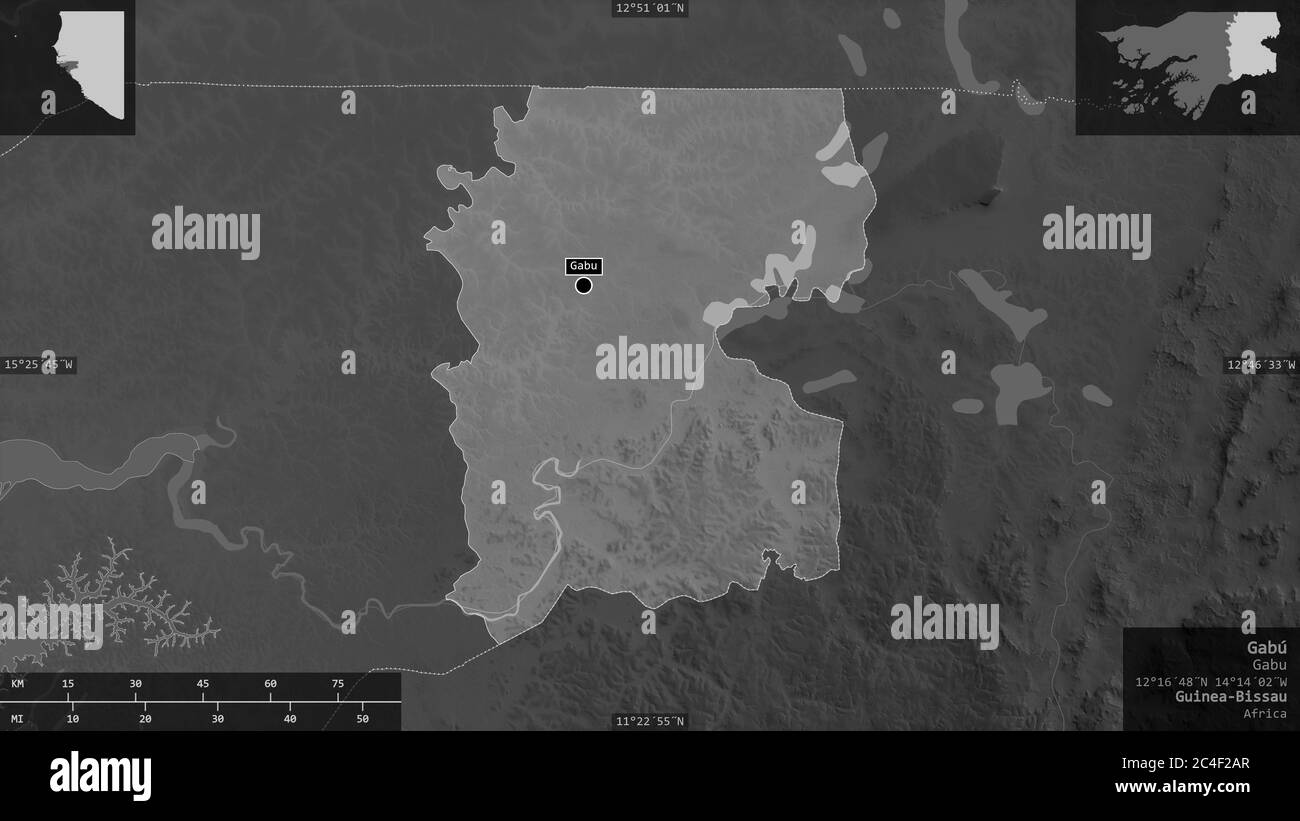 Gabú, region of Guinea-Bissau. Grayscaled map with lakes and rivers ...