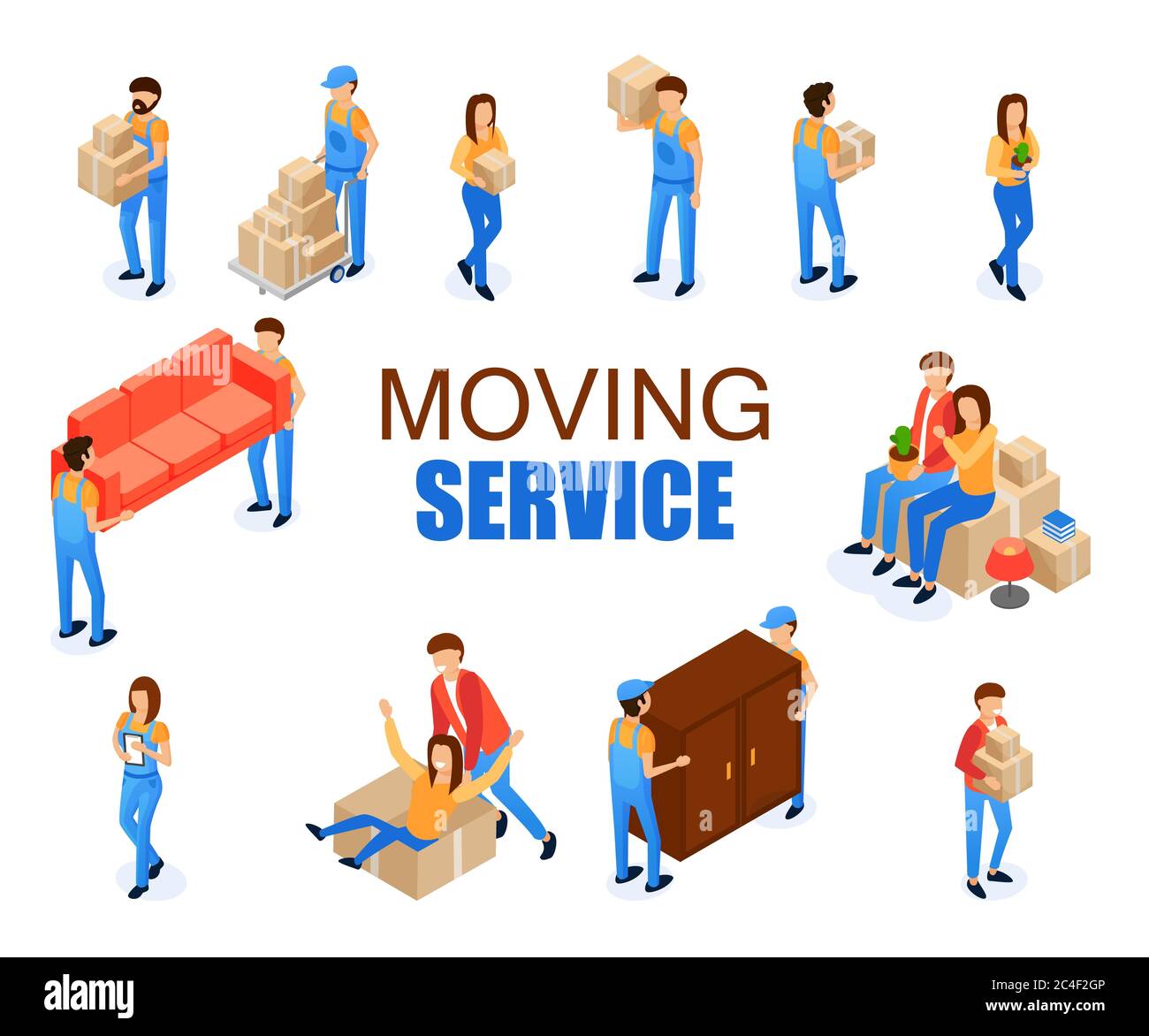 Set Vector Illustration Moving Service Cartoon. Men Ship Boxes and ...