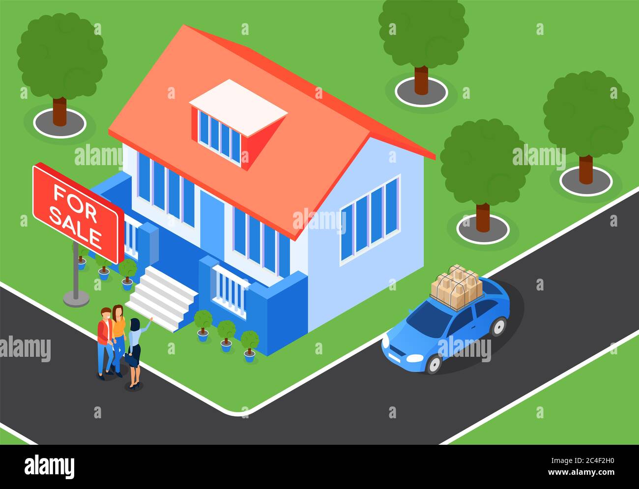 Inscription Near House is for Sale Cartoon Flat. Realtor Woman Shows ...
