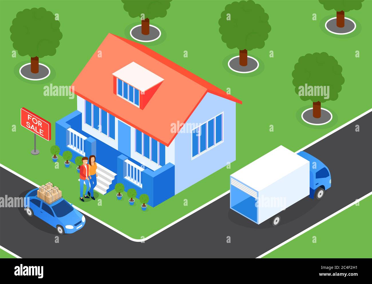 Vector Illustration Label is for Sale Cartoon. Couple Selling Home ...