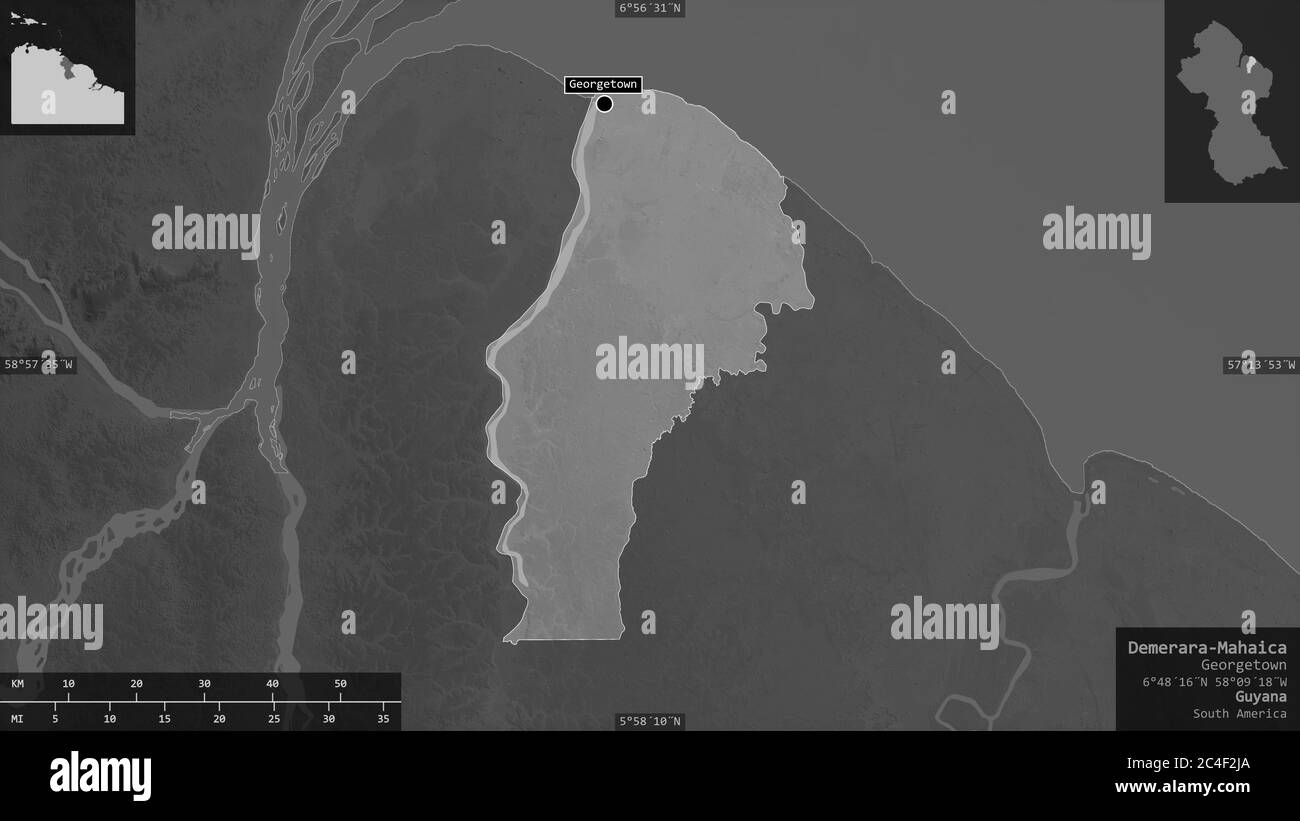 Demerara-Mahaica, region of Guyana. Grayscaled map with lakes and rivers. Shape presented ...
