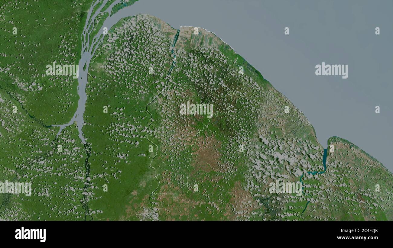 Demerara-Mahaica, region of Guyana. Satellite imagery. Shape outlined ...