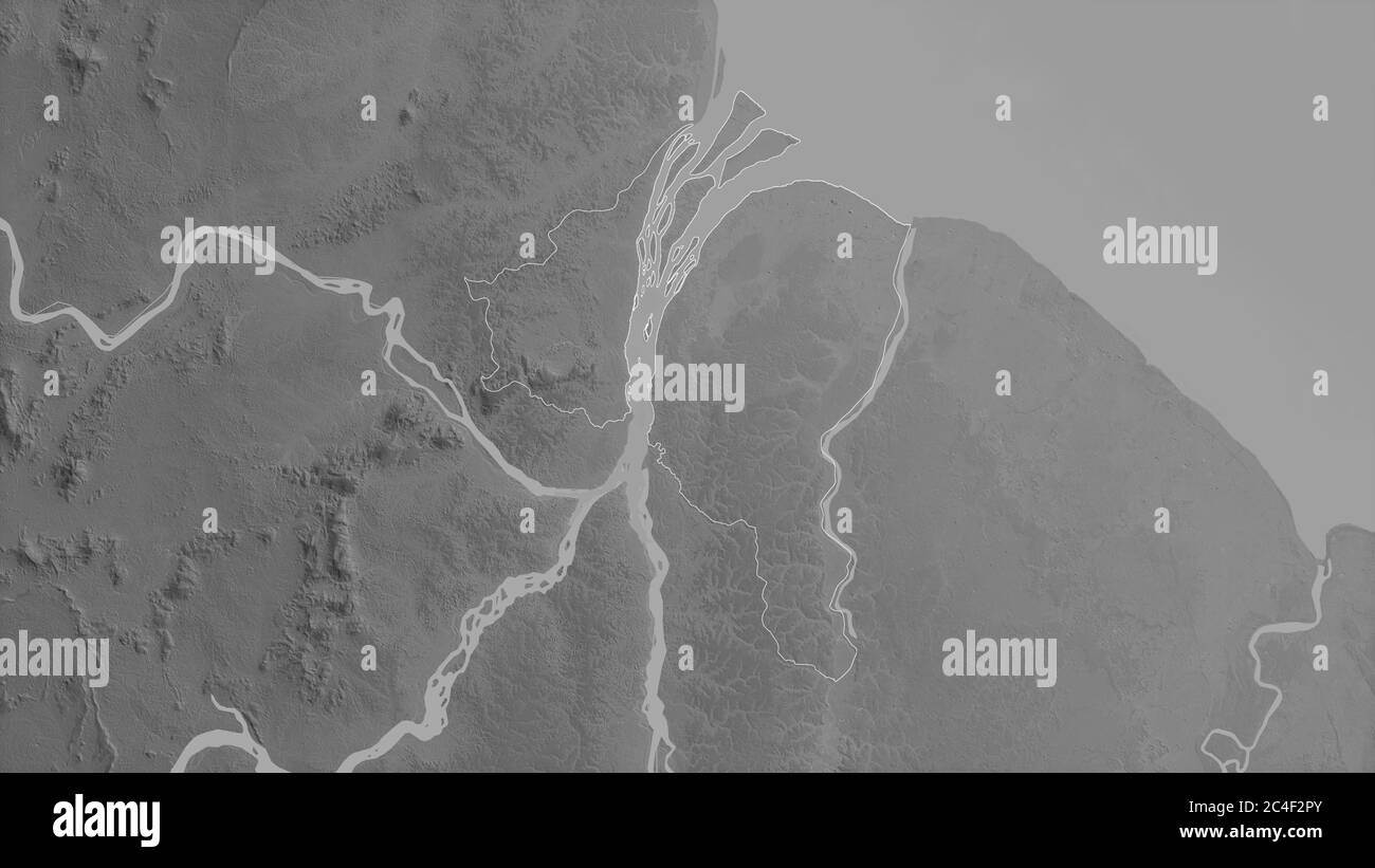 Essequibo Islands-West Demerara, region of Guyana. Grayscaled map with lakes and rivers. Shape ...