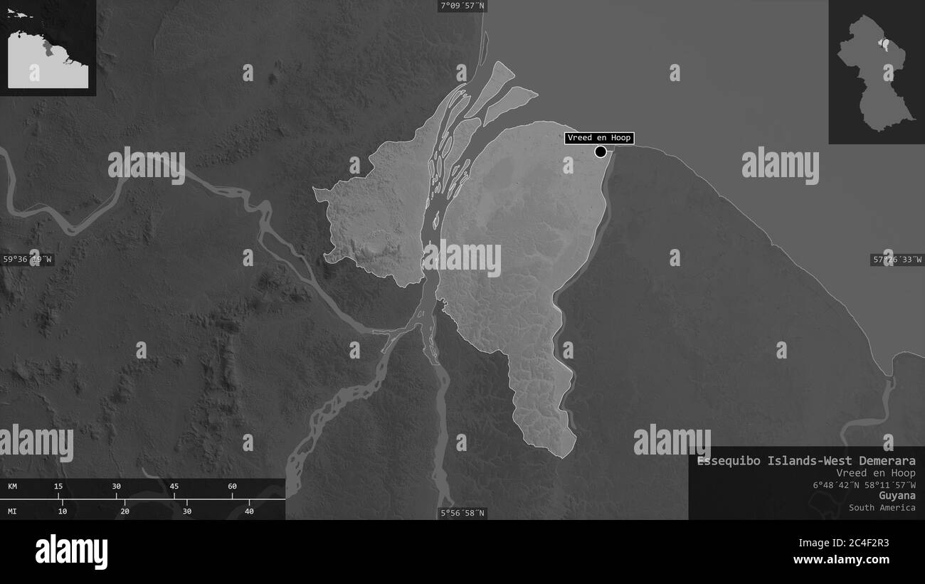 Essequibo Islands-West Demerara, region of Guyana. Grayscaled map with ...