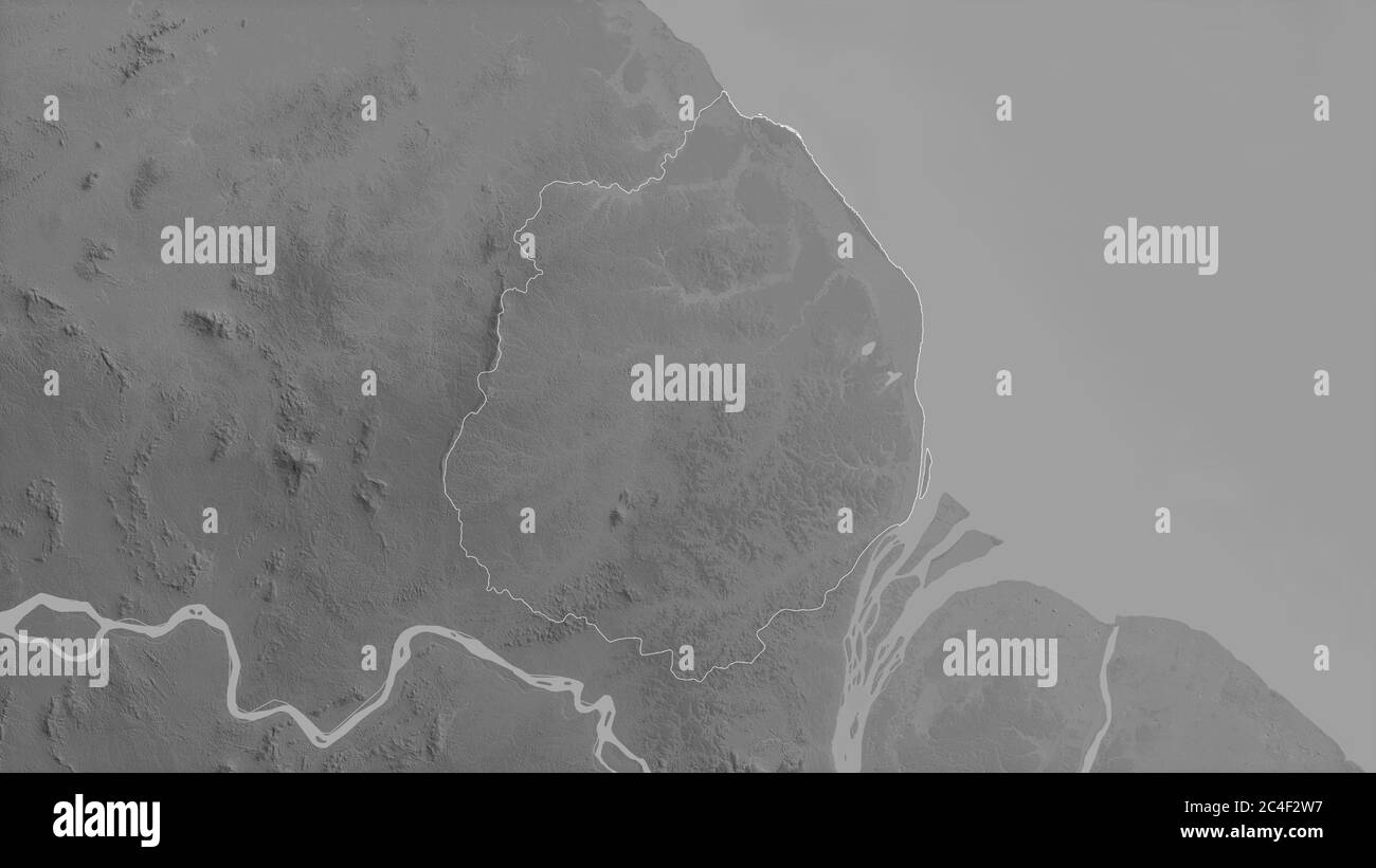 Pomeroon-Supenaam, region of Guyana. Grayscaled map with lakes and rivers. Shape outlined ...