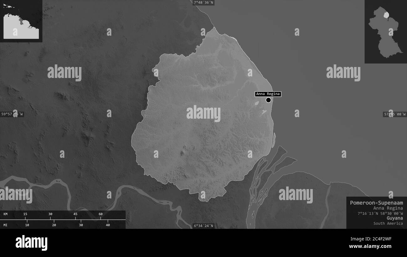 Pomeroon-Supenaam, region of Guyana. Grayscaled map with lakes and ...
