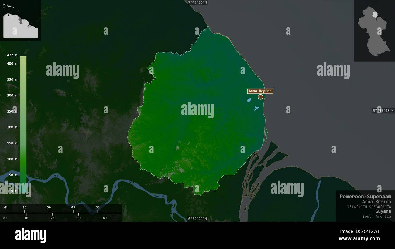Pomeroon-Supenaam, region of Guyana. Colored shader data with lakes and ...