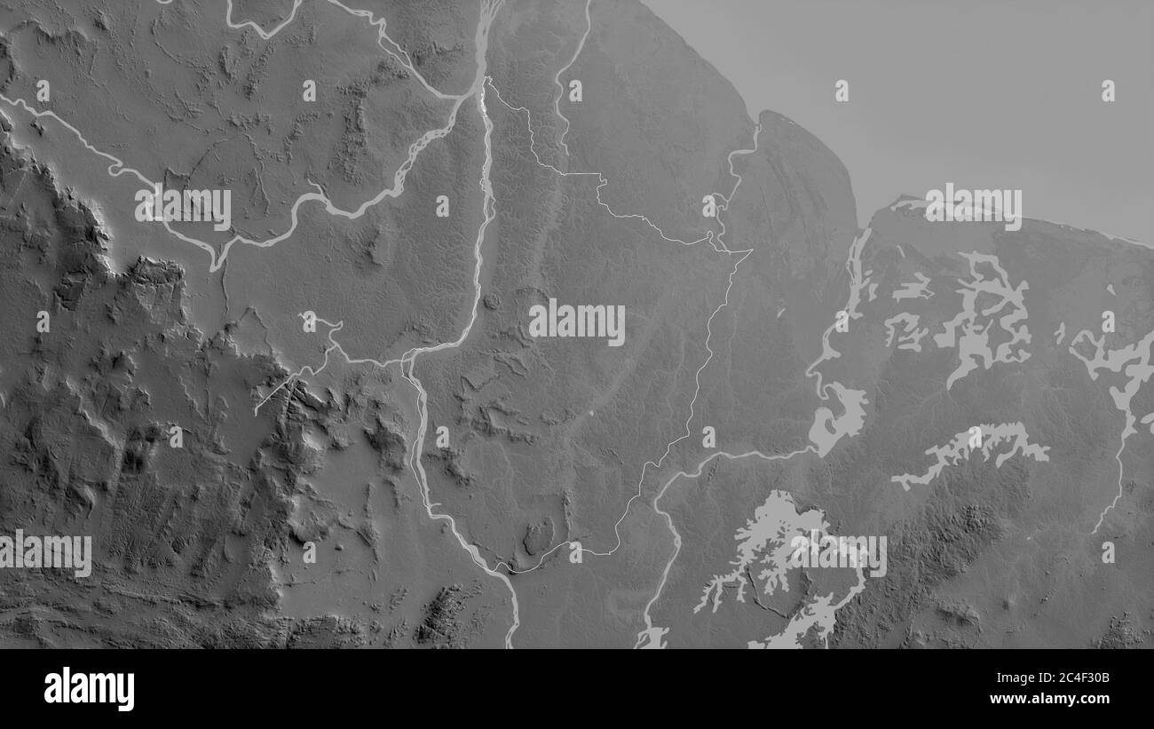 Upper Demerara-Berbice, region of Guyana. Grayscaled map with lakes and ...