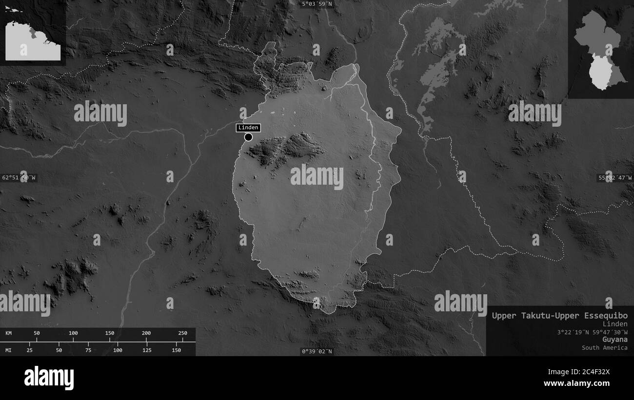 Upper Takutu-Upper Essequibo, region of Guyana. Grayscaled map with ...