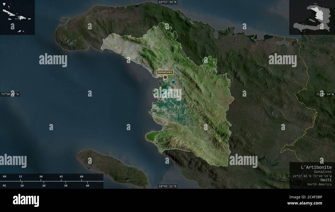L'Artibonite, department of Haiti. Satellite imagery. Shape presented ...