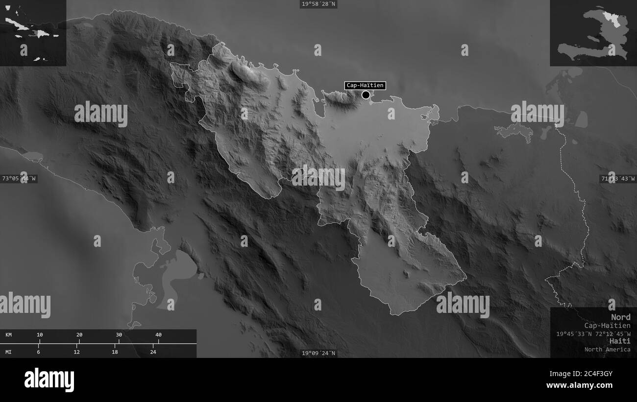 Nord, department of Haiti. Grayscaled map with lakes and rivers. Shape ...