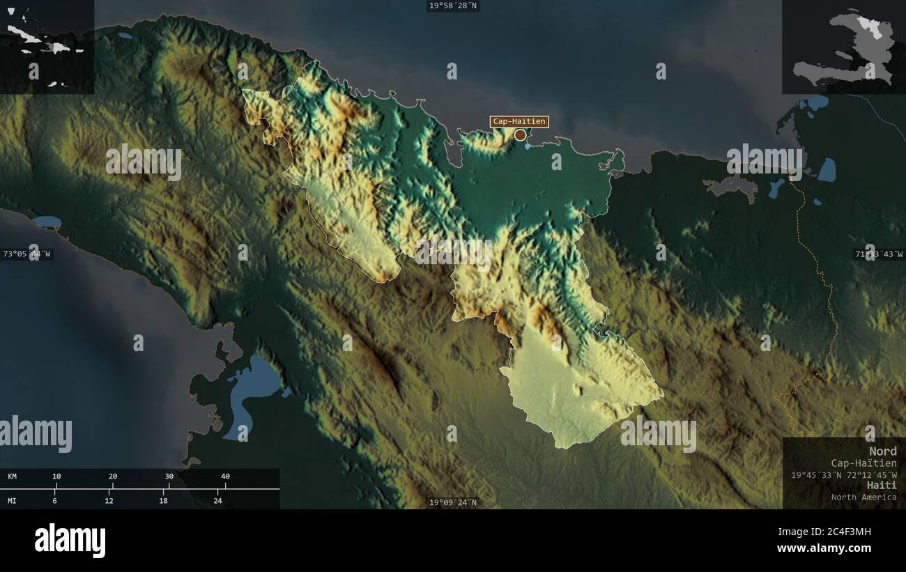 Nord, department of Haiti. Colored relief with lakes and rivers. Shape ...