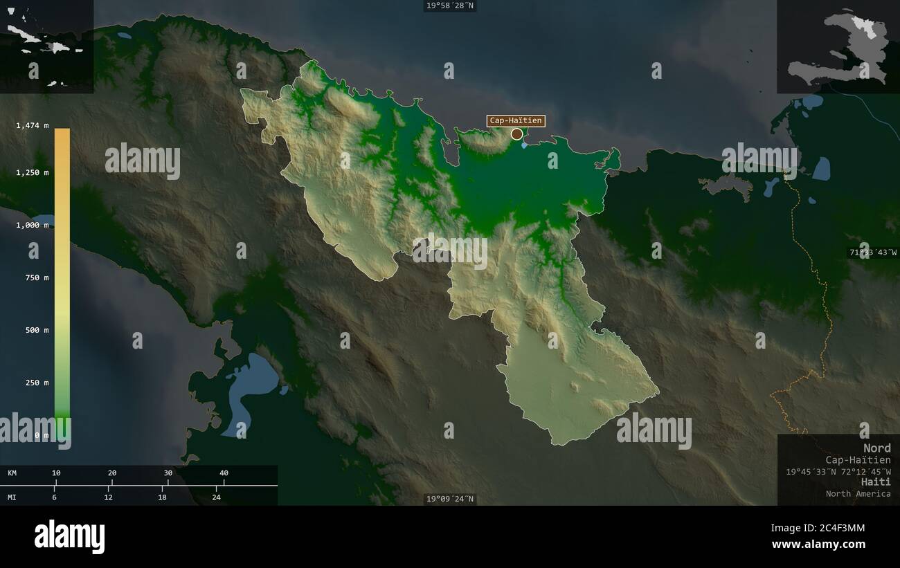 Nord, department of Haiti. Colored shader data with lakes and rivers ...