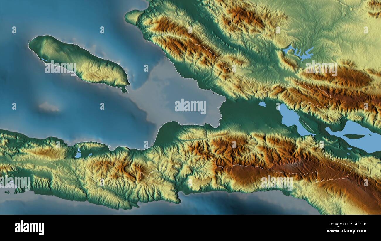 Ouest, department of Haiti. Colored relief with lakes and rivers. Shape ...