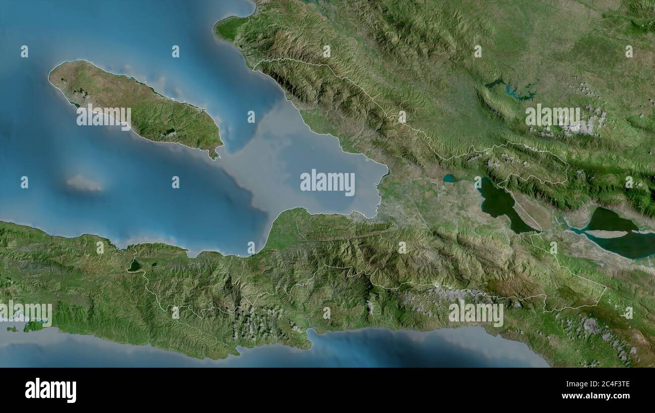 Ouest, department of Haiti. Satellite imagery. Shape outlined against ...
