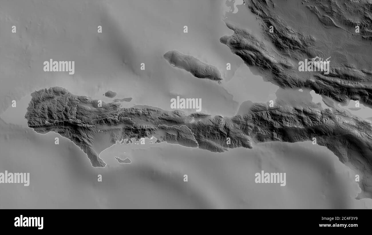 Sud, department of Haiti. Grayscaled map with lakes and rivers. Shape ...