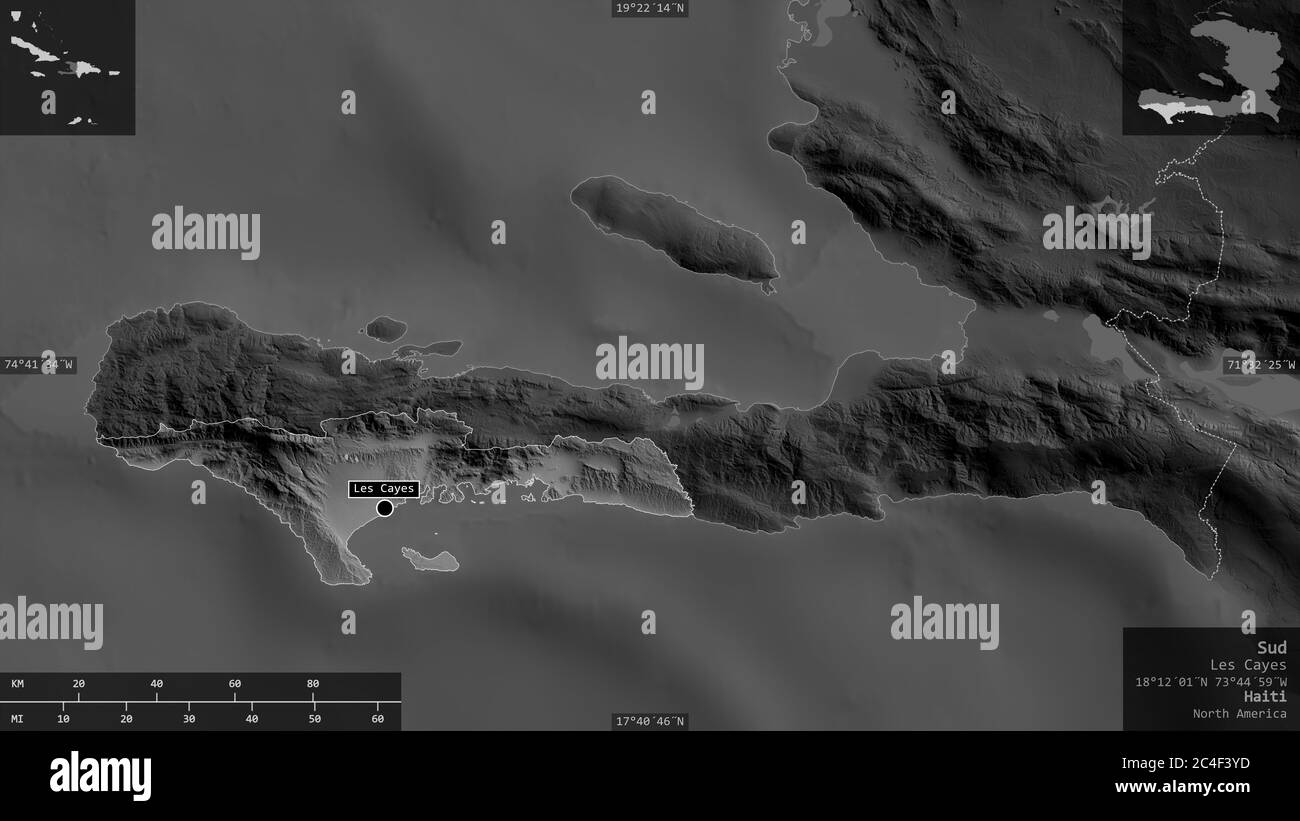Sud, department of Haiti. Grayscaled map with lakes and rivers. Shape ...