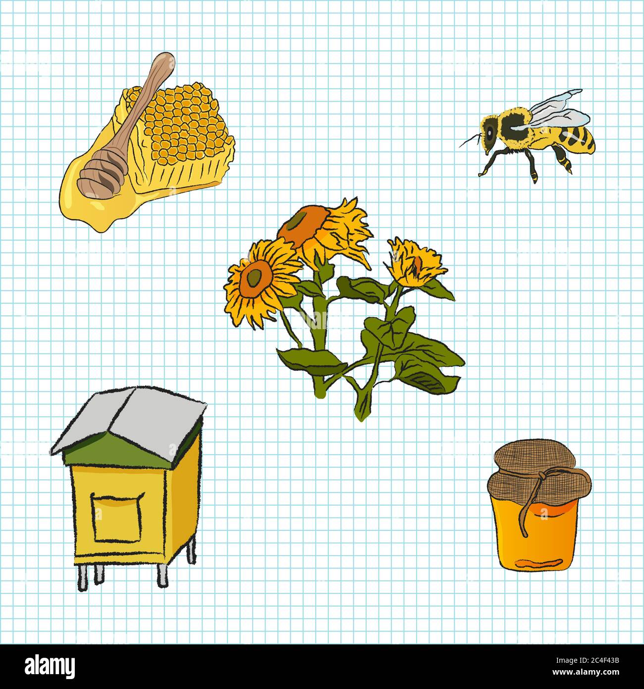 Beekeeping cartoon icons. Honeycomb with wooden spoon, bee, sunflowers ...
