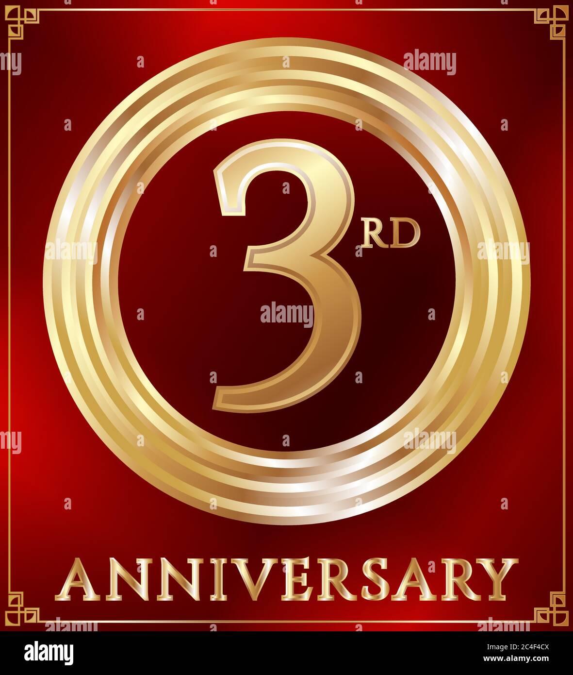 Anniversary gold ring logo number 3. Anniversary card. Red background ...