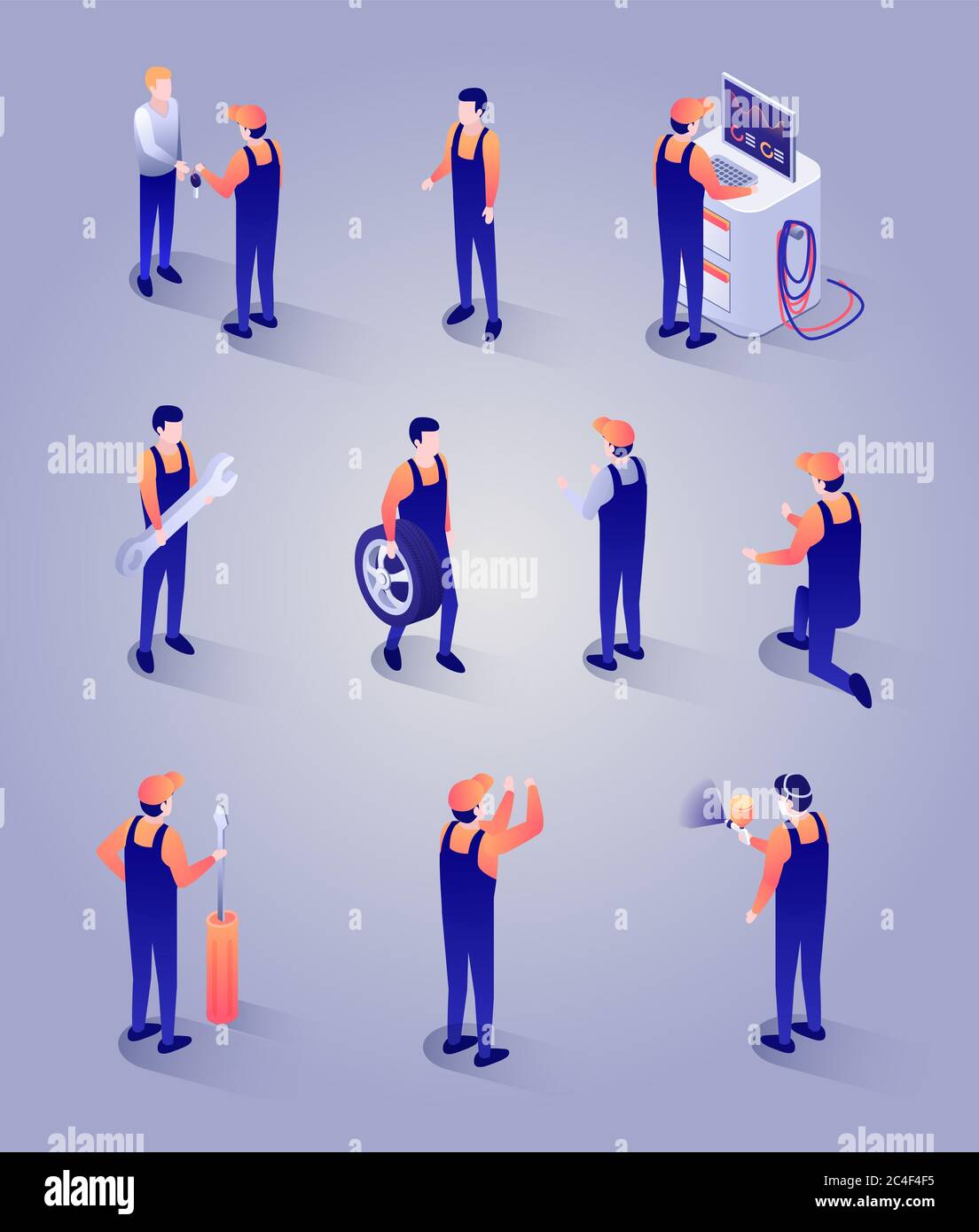 Car Repair Service Isometric Set. Auto Mechanic Characters with Special ...