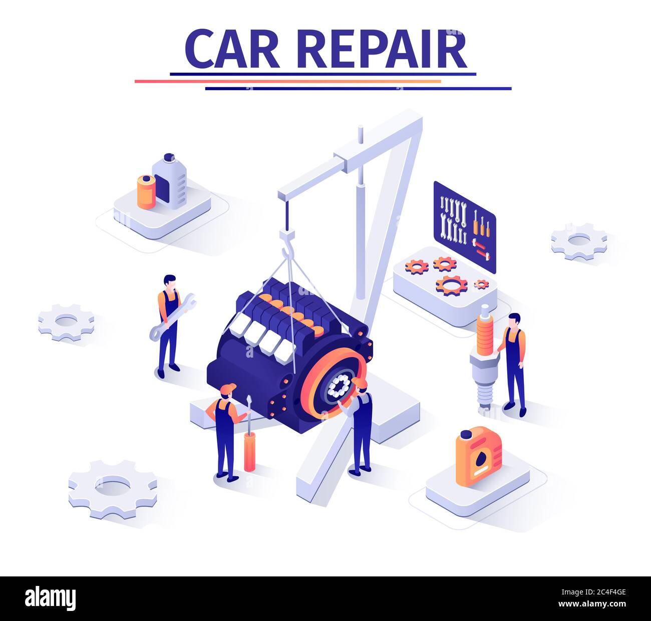 Advertising Isometric Banner Template with Engine Repair Process in Car ...