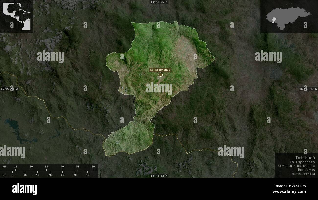Intibucá, department of Honduras. Satellite imagery. Shape presented ...