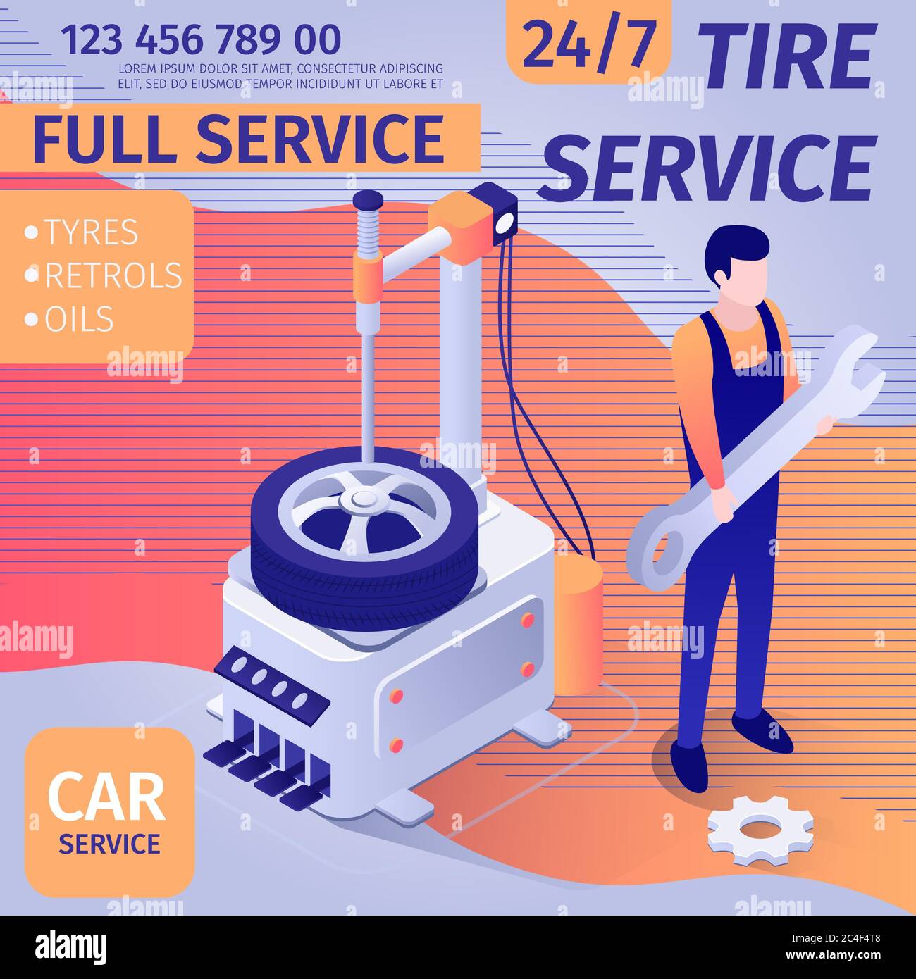 Promotional Banner for Tire Fitting Car Service. Master in Overalls ...