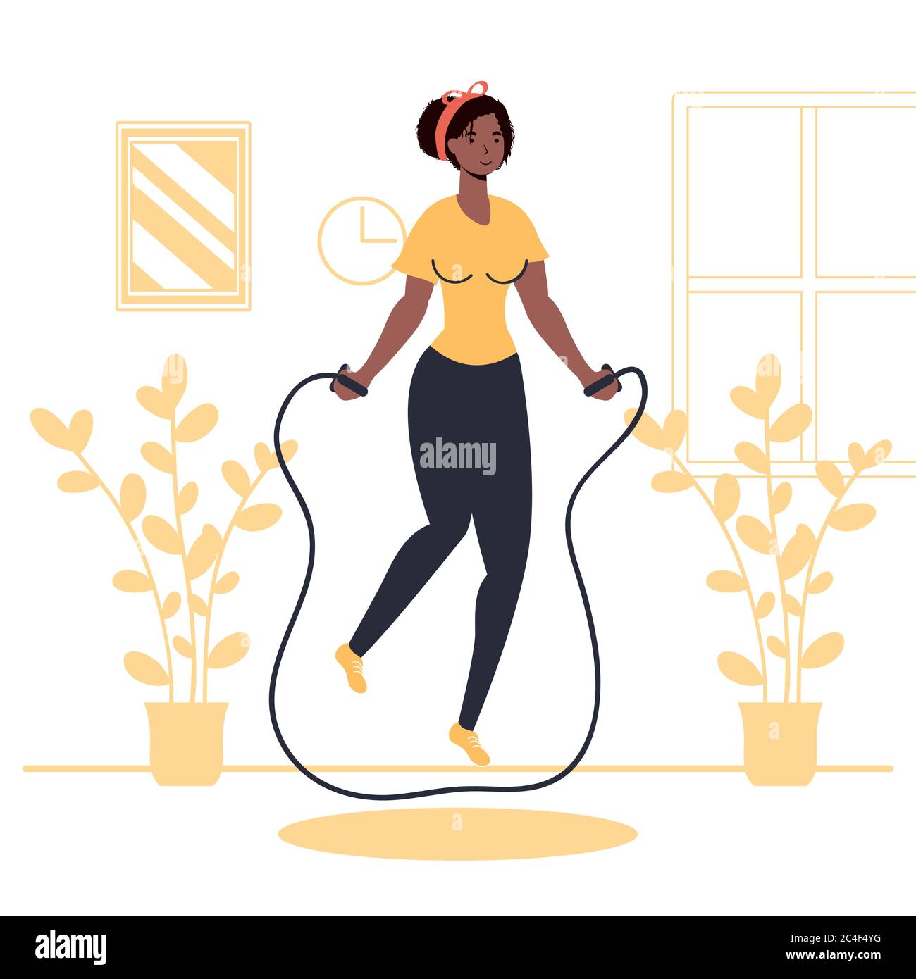 woman practicing jump rope sport activity in the house vector ...