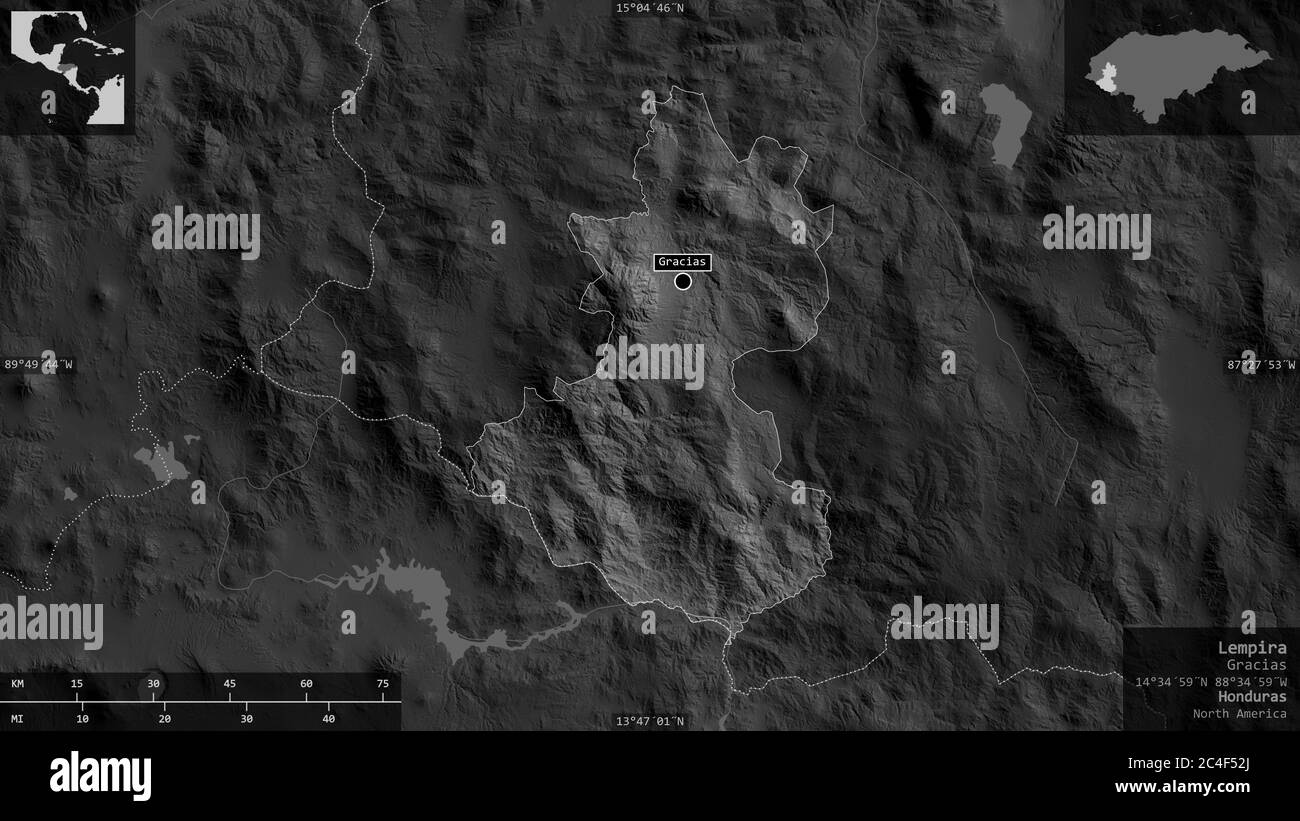 Lempira, department of Honduras. Grayscaled map with lakes and rivers ...
