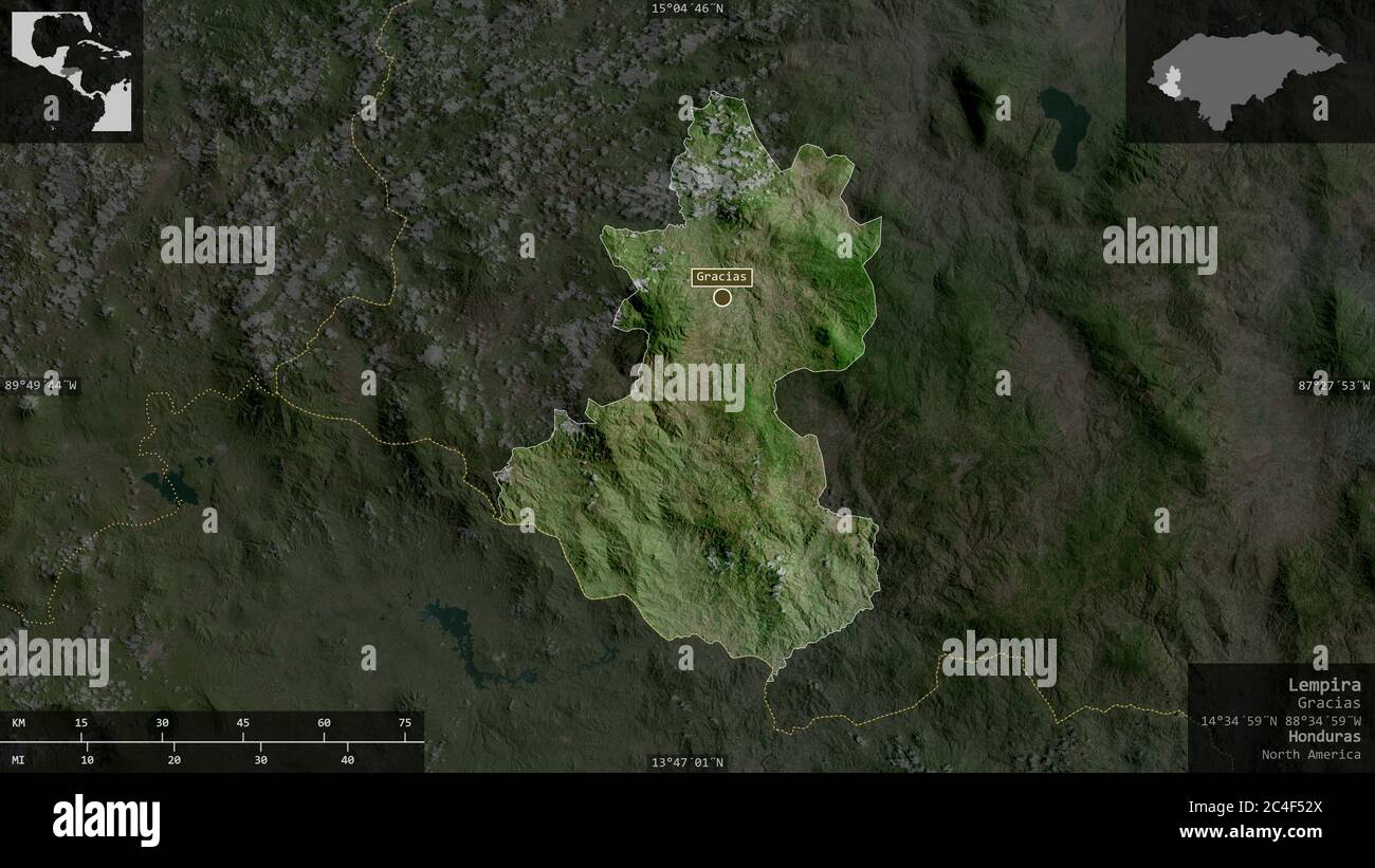 Lempira, department of Honduras. Satellite imagery. Shape presented ...