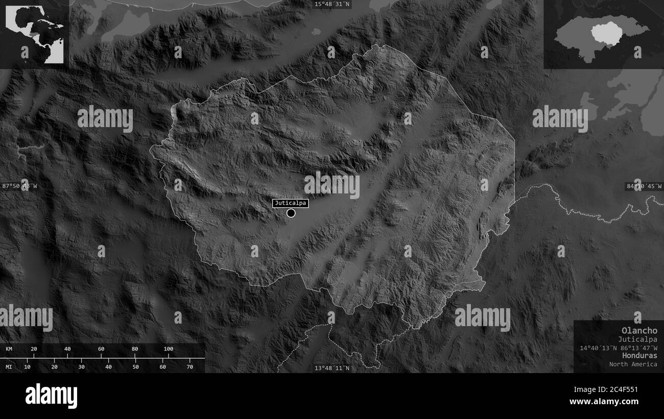 Olancho, department of Honduras. Grayscaled map with lakes and rivers ...