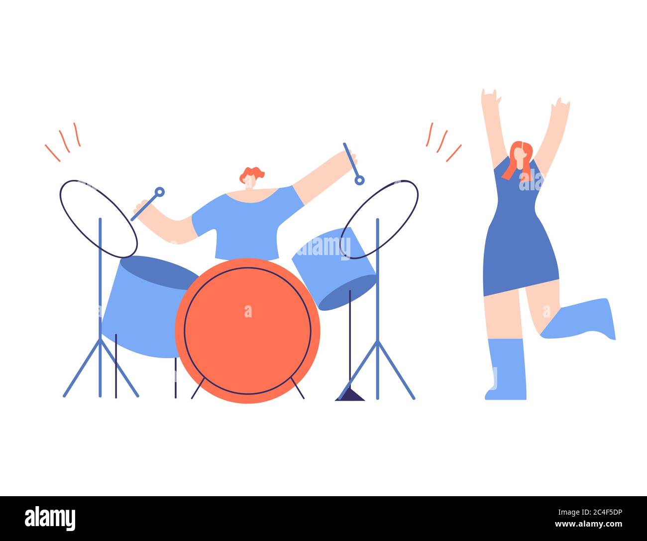 Male Musician Playing Drums, Woman Dancing Gesturing Rock Hand Sign ...