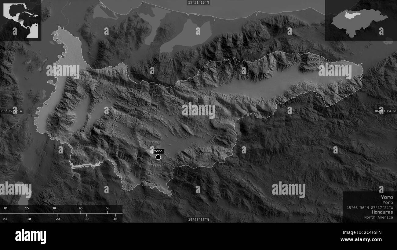 Yoro, department of Honduras. Grayscaled map with lakes and rivers ...