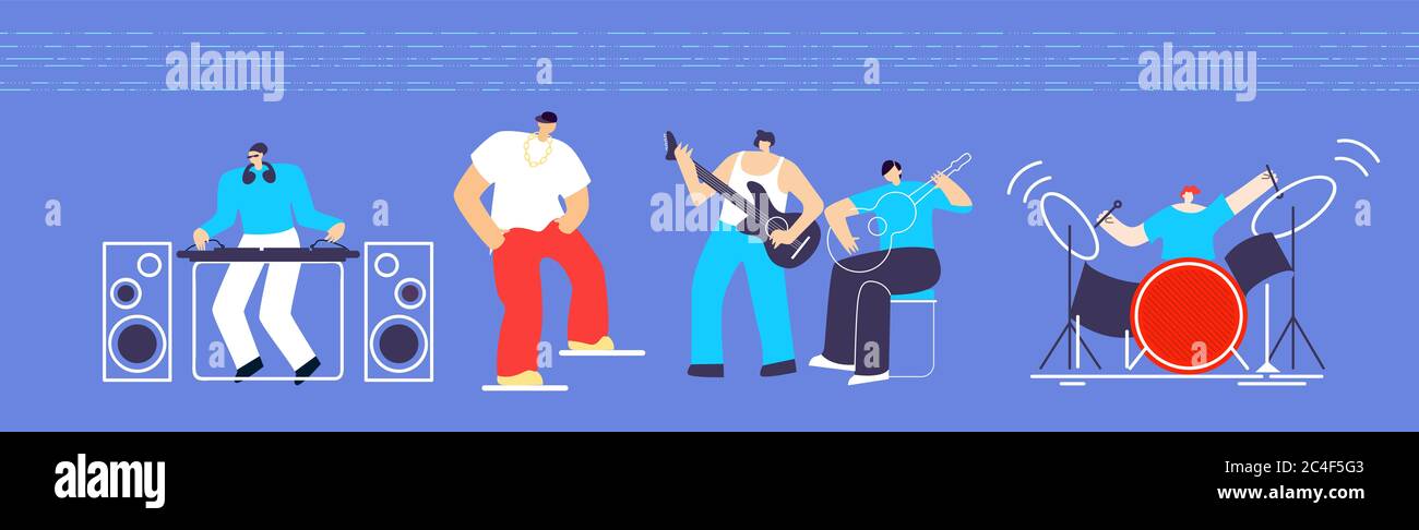 Musician People with Instruments Give Concert. Flat Cartoon Man ...