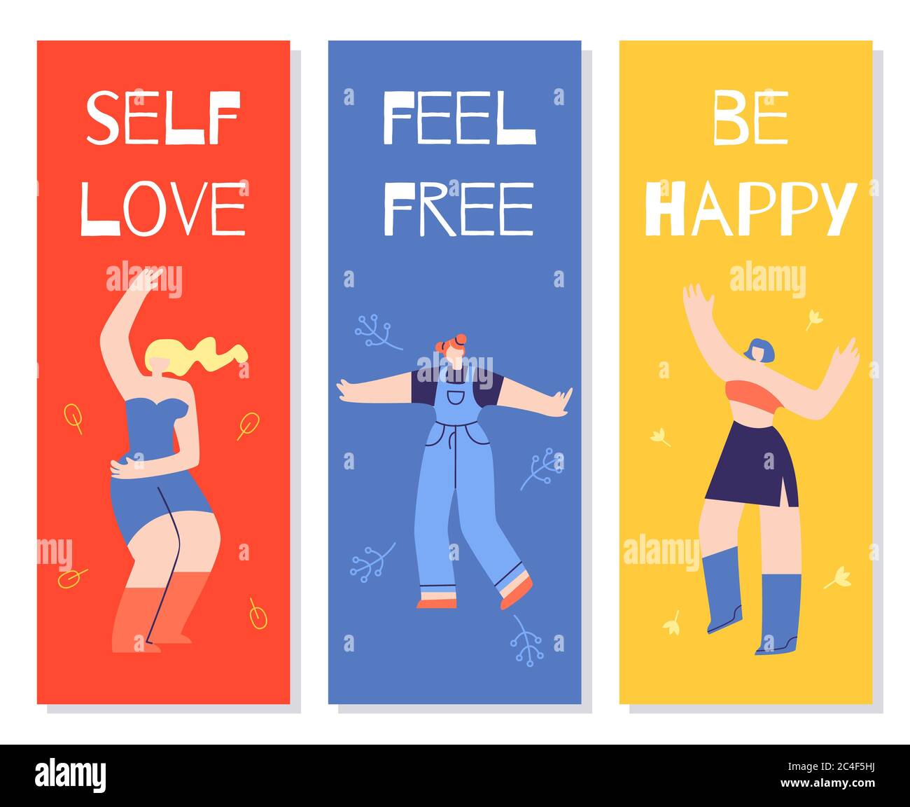 Motivational Color Cards. Vector Flat Illustration Template with Cute ...