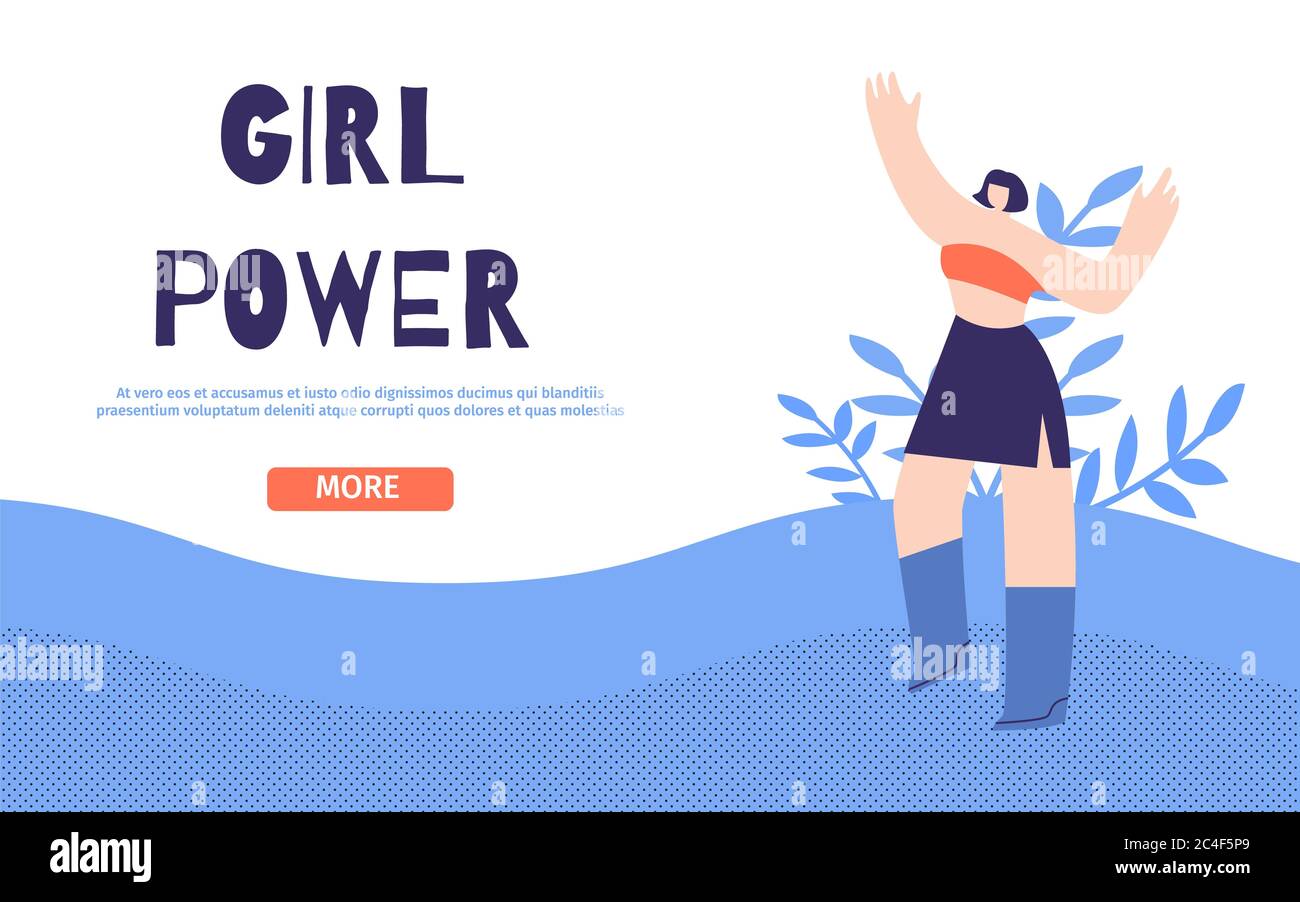 Girl Power Landing Page. Flat Pretty Dancing Woman over Floral Style ...