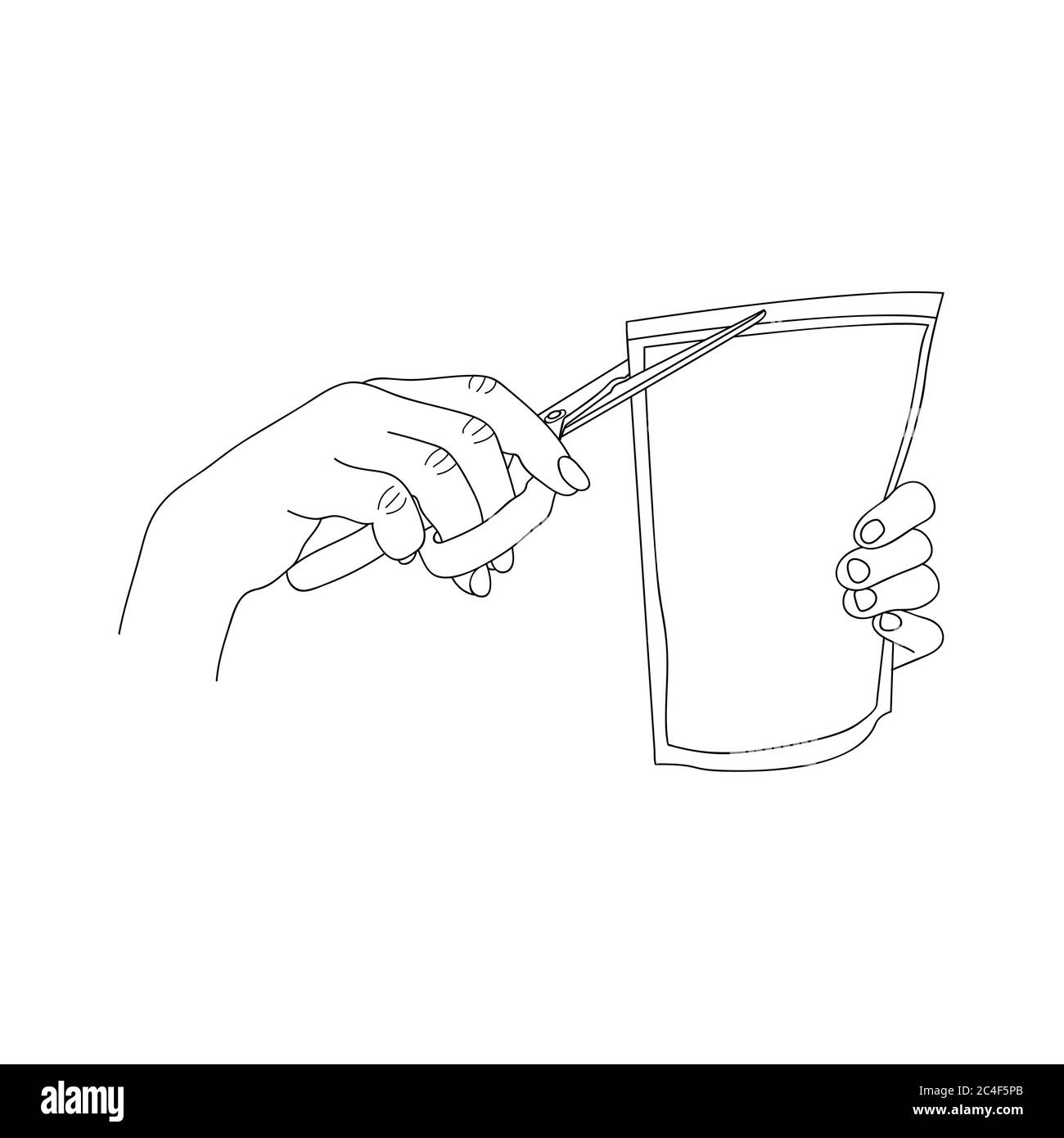Hand with scissors cutting off the package. Open here concept. Line ...
