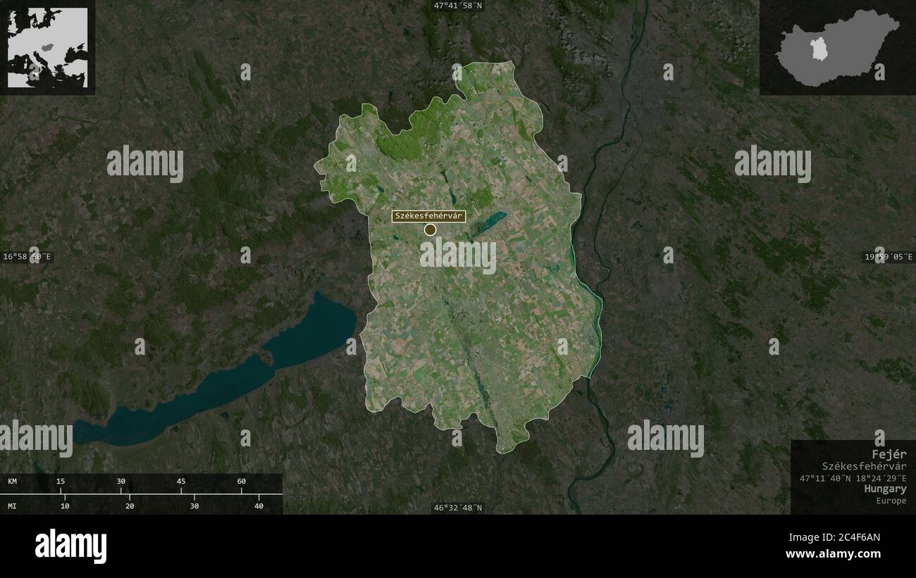 Fejér, county of Hungary. Satellite imagery. Shape presented against ...