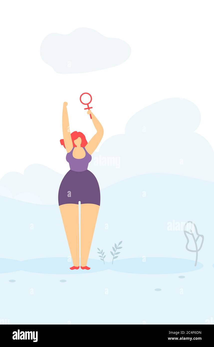 Pretty Strong Cartoon Woman Holding Female Sign in Hand Raising up ...