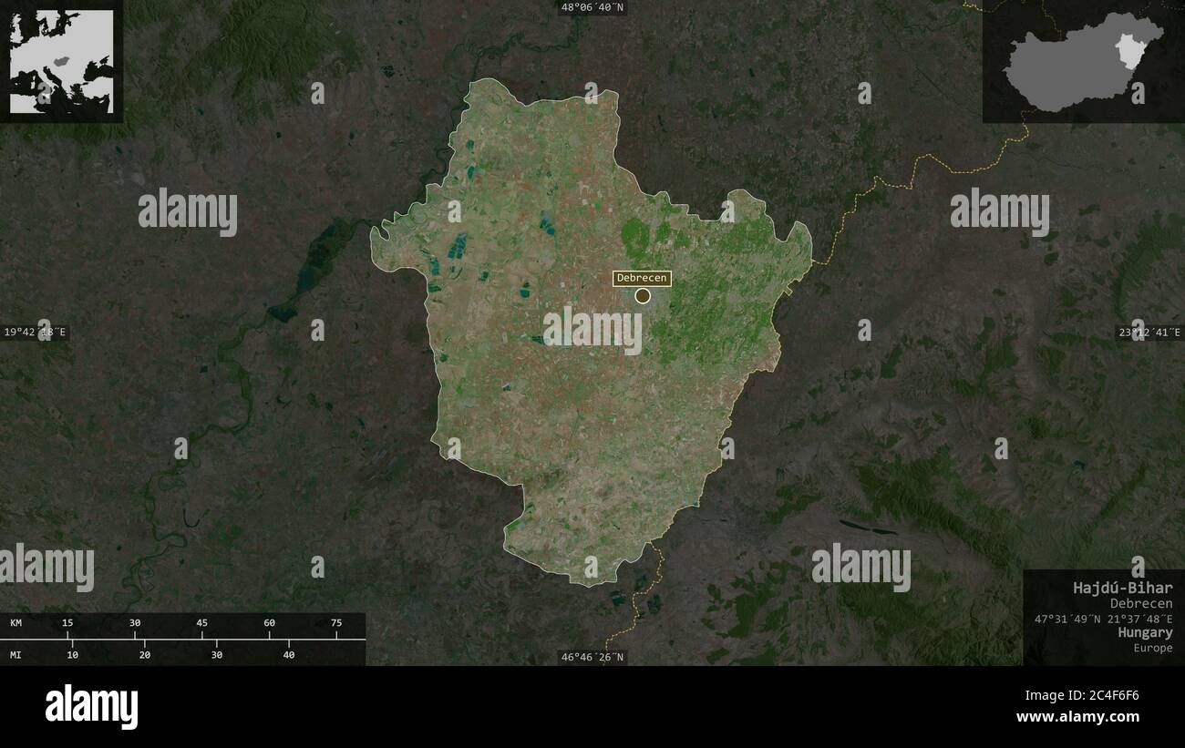 Hajdú-Bihar, county of Hungary. Satellite imagery. Shape presented ...