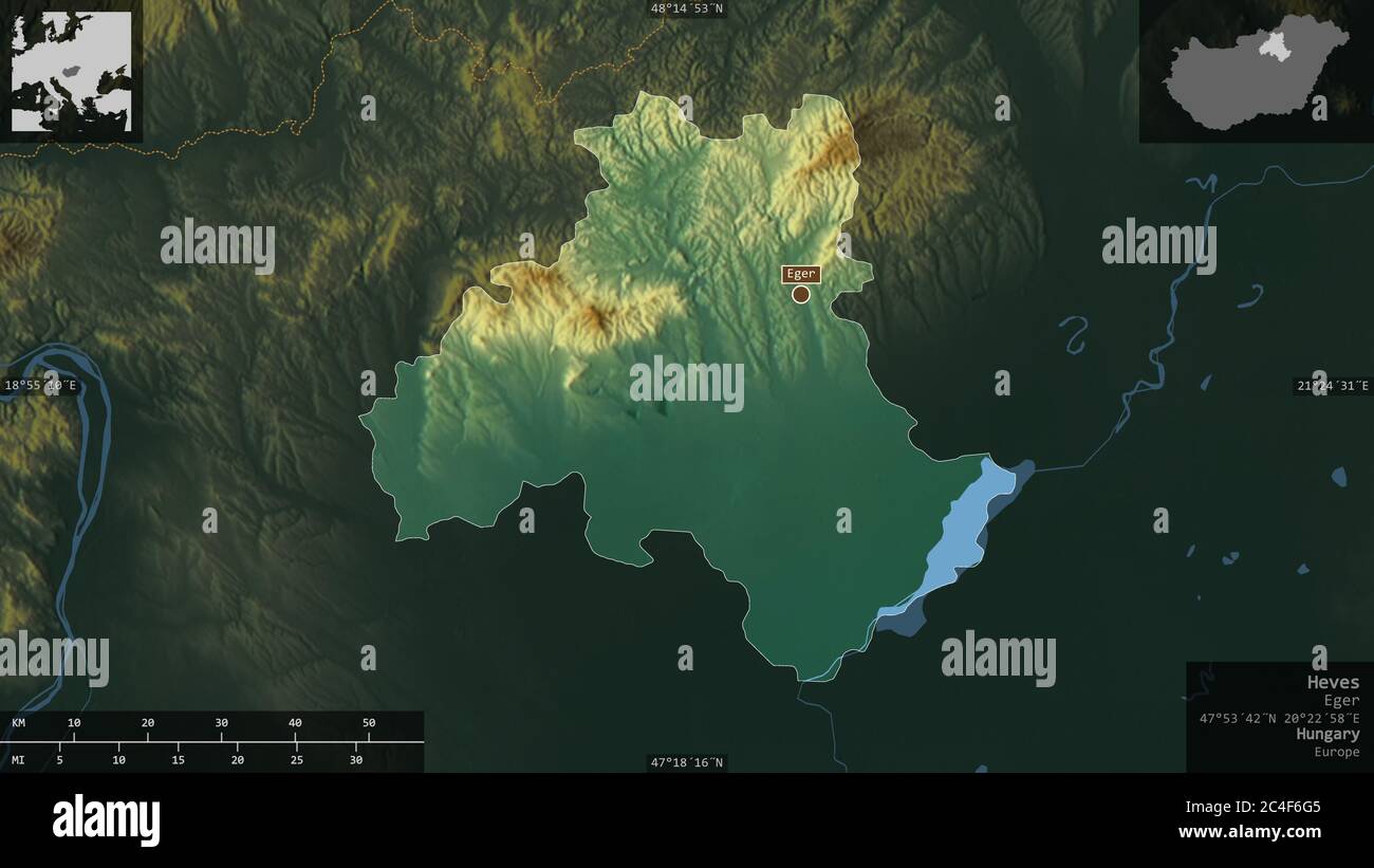 Heves, county of Hungary. Colored relief with lakes and rivers. Shape ...