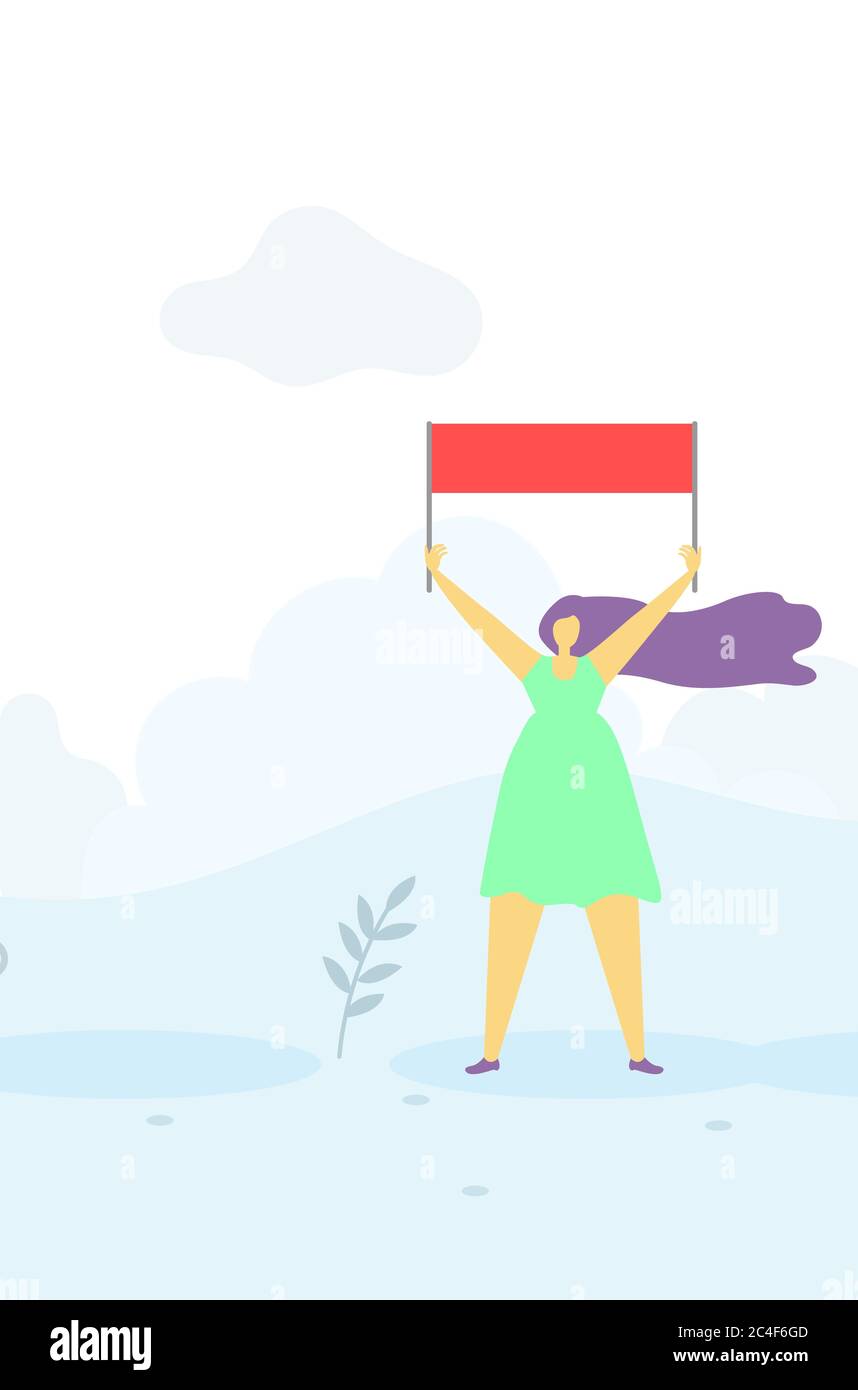 Agitating Cartoon Woman Character with Long Wavy Hair Holding Red Flag ...