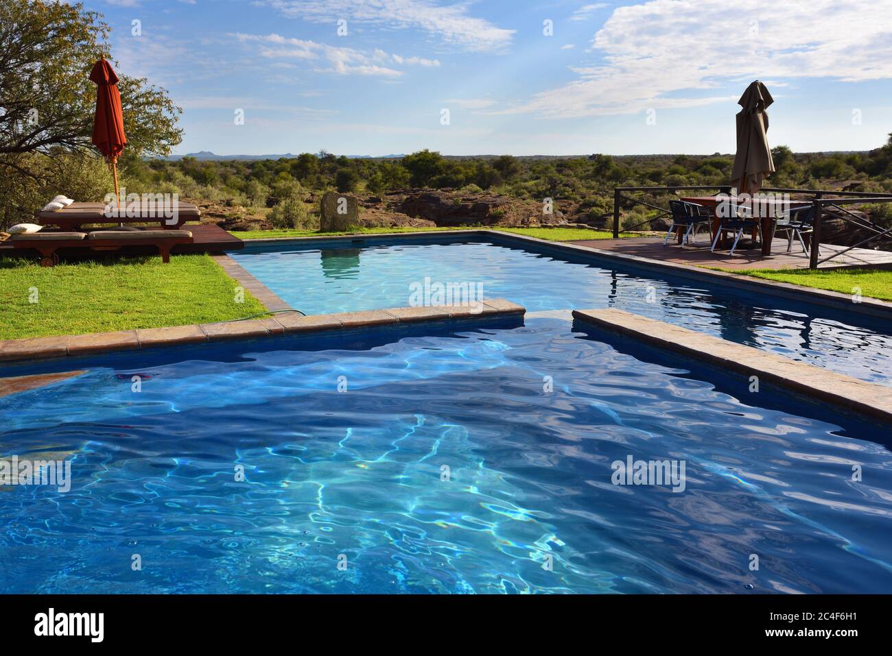 WINDHOEK, NAMIBIA - FEB 06, 2016: Swimming pool in Naankuse Lodge, one ...